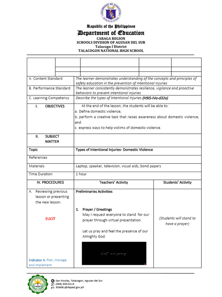 Talacogon Lesson Plan Final | PDF | Domestic Violence | Violence