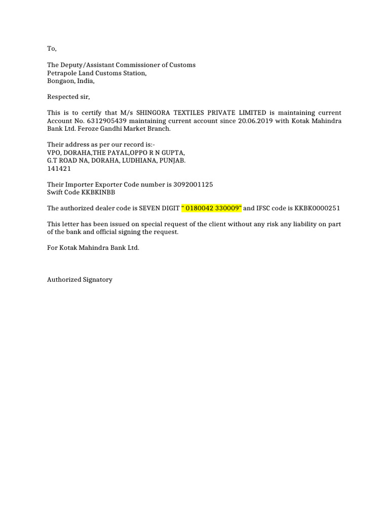 Bank Certification for Shingora Textiles | PDF