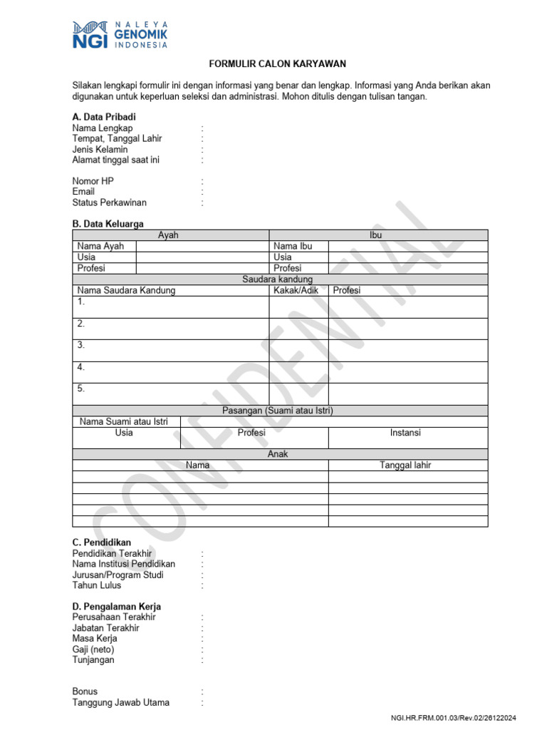 (Kosong) NGI - hr.FRM.001.03 Formulir Data Calon Karyawan | PDF