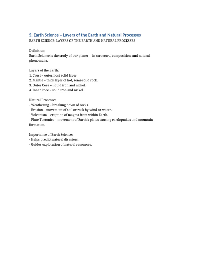 Earth Science - Layers of The Earth and Natural Processes | PDF