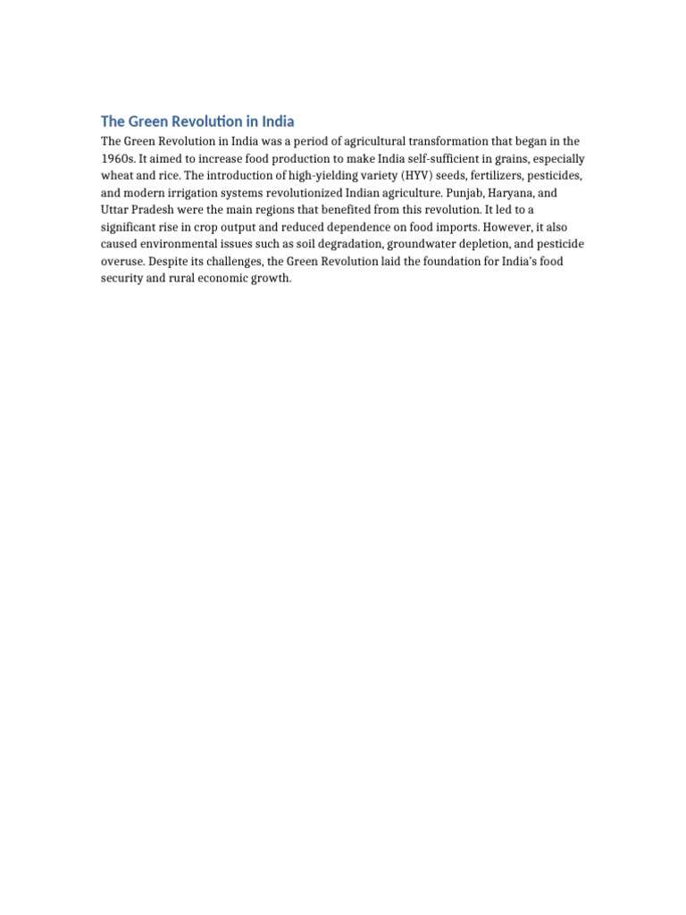 Green Revolution Impact on Indian Agriculture | PDF
