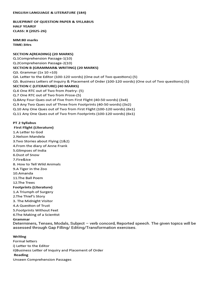 X-English Blueprint & Syllabus - HALF YEARLY - (2025-26) | PDF