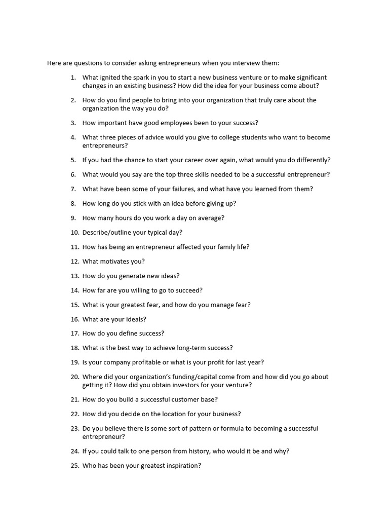 Essential Entrepreneur Interview Questions | PDF | Entrepreneurship ...