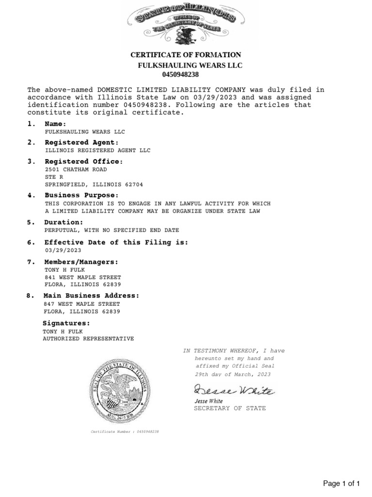 Certificate of Formation IL FULKSHAULING WEARS LLC | PDF