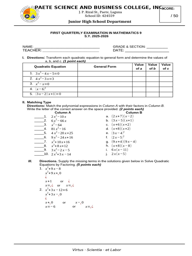 1st Quarterly Examination in Mathematics 9 | PDF | Equations ...
