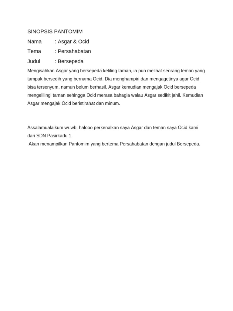 Pantomim Persahabatan: Bersepeda | PDF