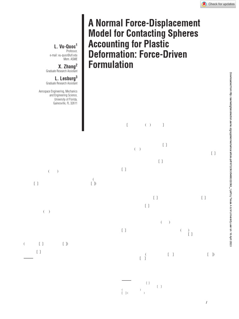 Normal Force-Displacement Model for Spheres | PDF | Deformation ...