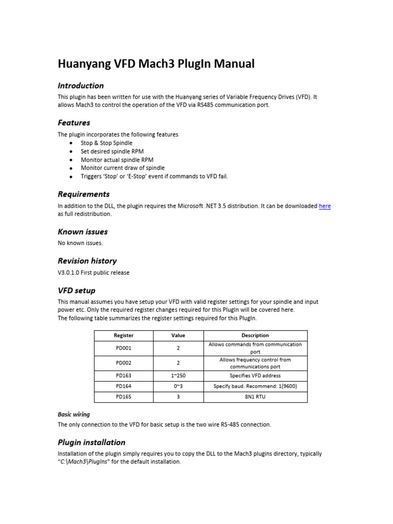 Huanyang VFD Mach3 Plugin Manual | PDF | Computer Science | System Software