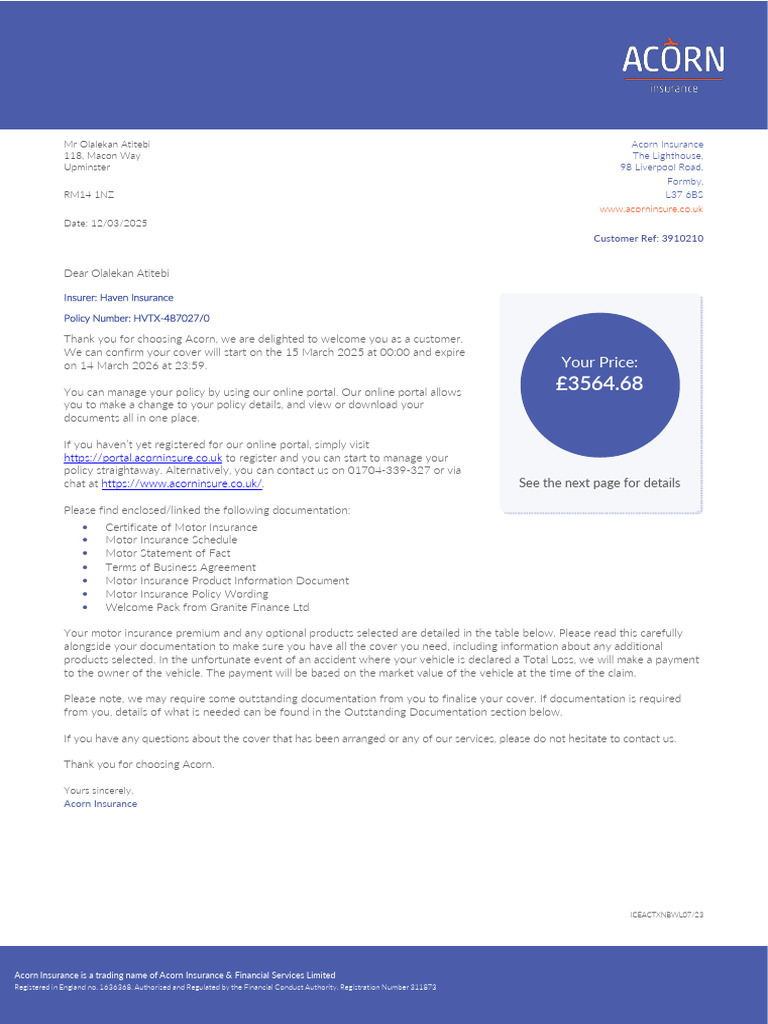 Acorn TX Welcome Letter 35424429 | PDF | Insurance | Vehicle Insurance