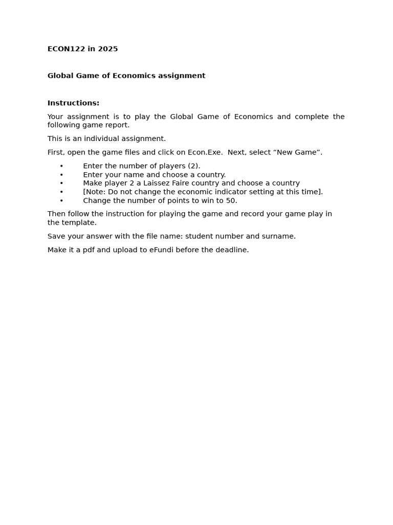 Global Econ Game Assignment 2025 | PDF