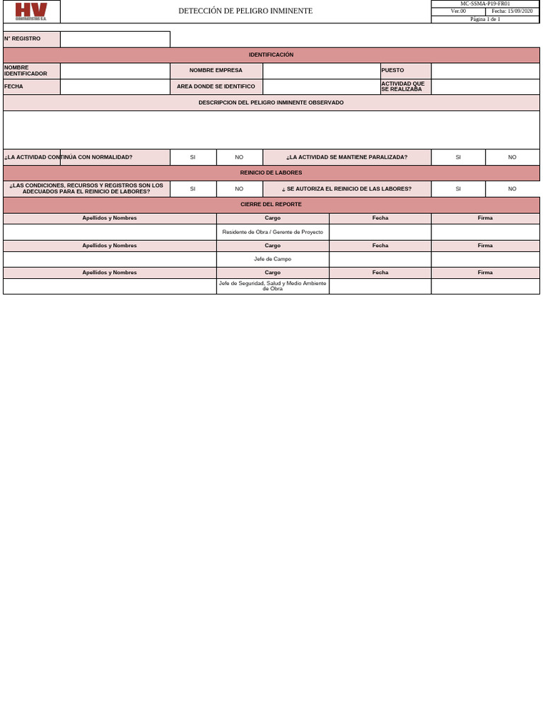 MC-SSMA-P19-FR01 Detección de Peligro Inminente v.00 | PDF