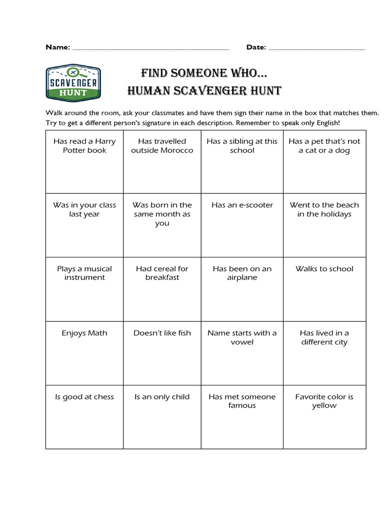 Human Scavenger Hunt - Find Someone Who | PDF
