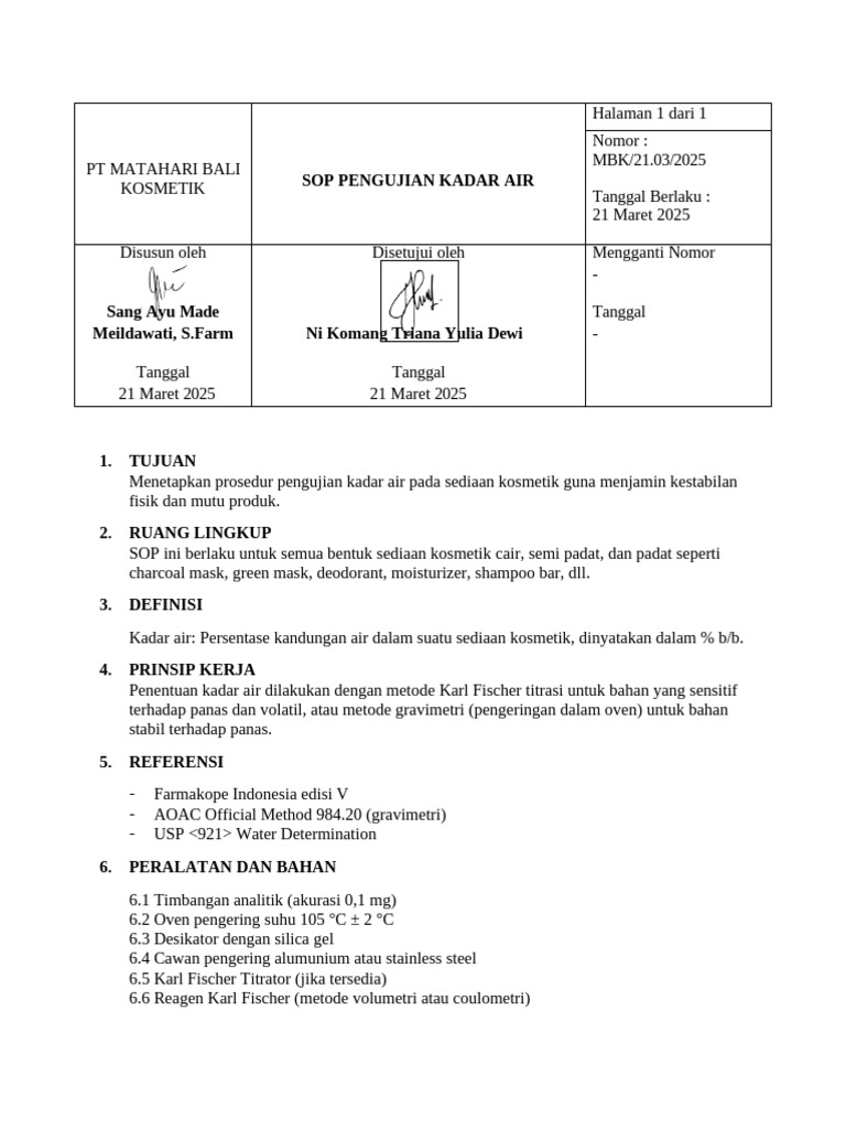 SOP Pengujian Kadar Air Kosmetik | PDF
