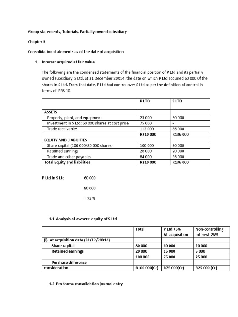 Consolidation Statements for P Ltd and S Ltd | PDF | Equity (Finance ...
