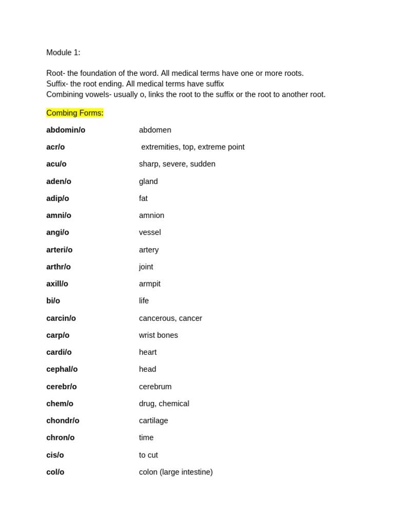 Medical Terminology Roots and Suffixes | PDF | Uterus | Abdomen