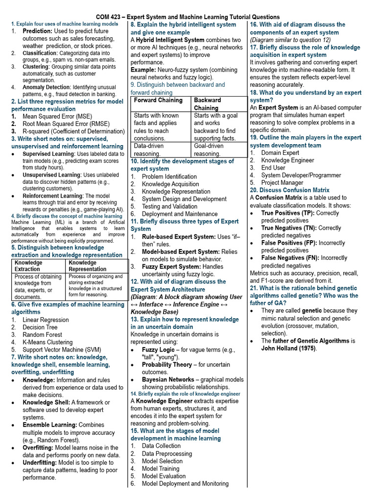 COM 423 - Expert System and Machine Learning T | PDF | Machine Learning ...