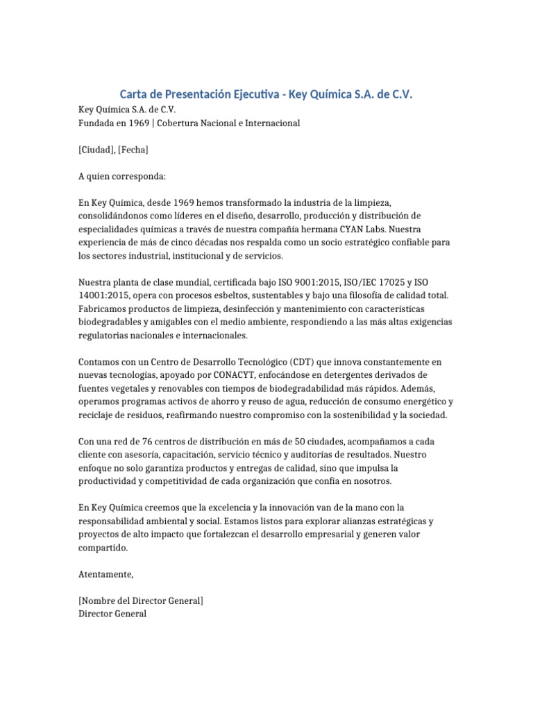 Carta de Presentación de Key Química S.A. | PDF
