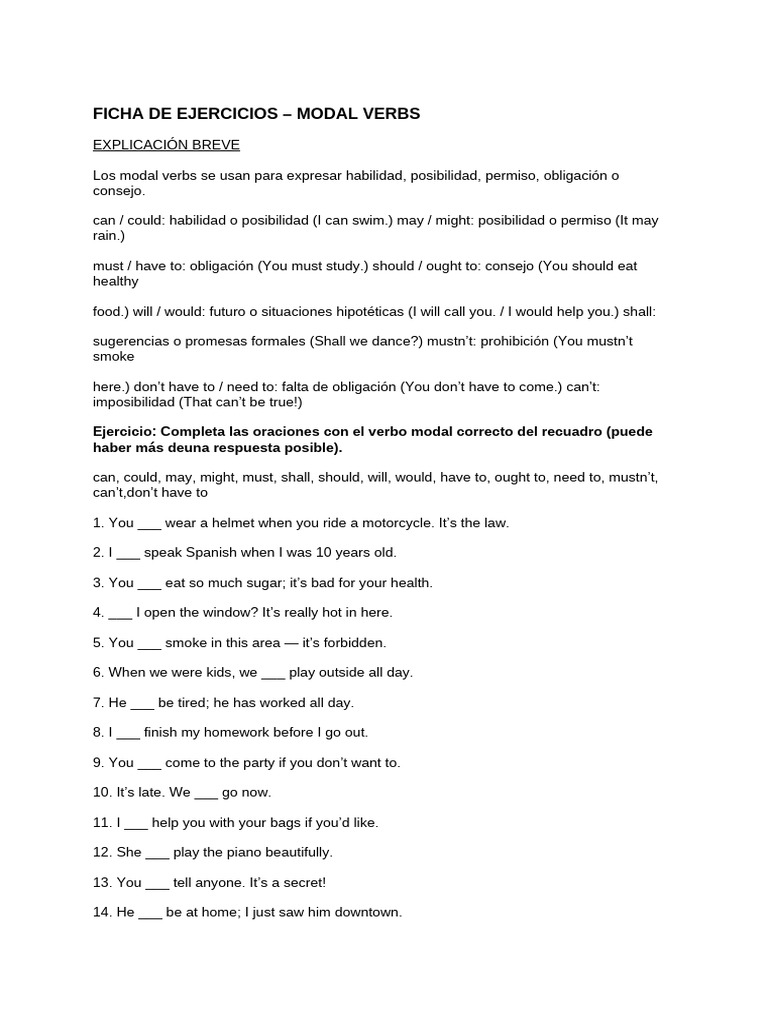 Ficha de Ejercicios - Modal Verbs | PDF