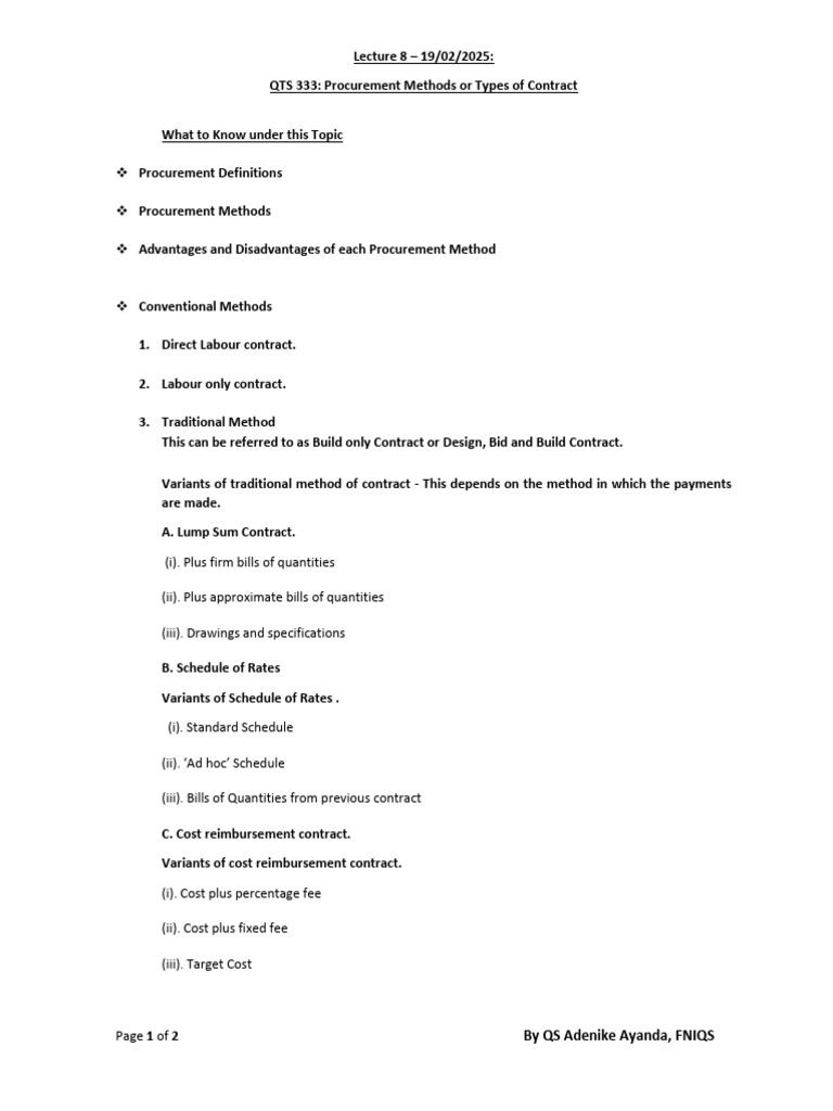 Procurement Methods in Construction Contracts | PDF