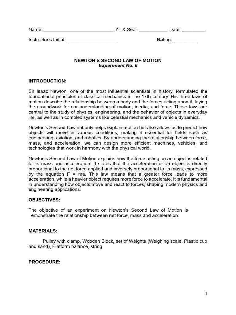 Newton's Second Law Experiment Guide | PDF | Force | Mass