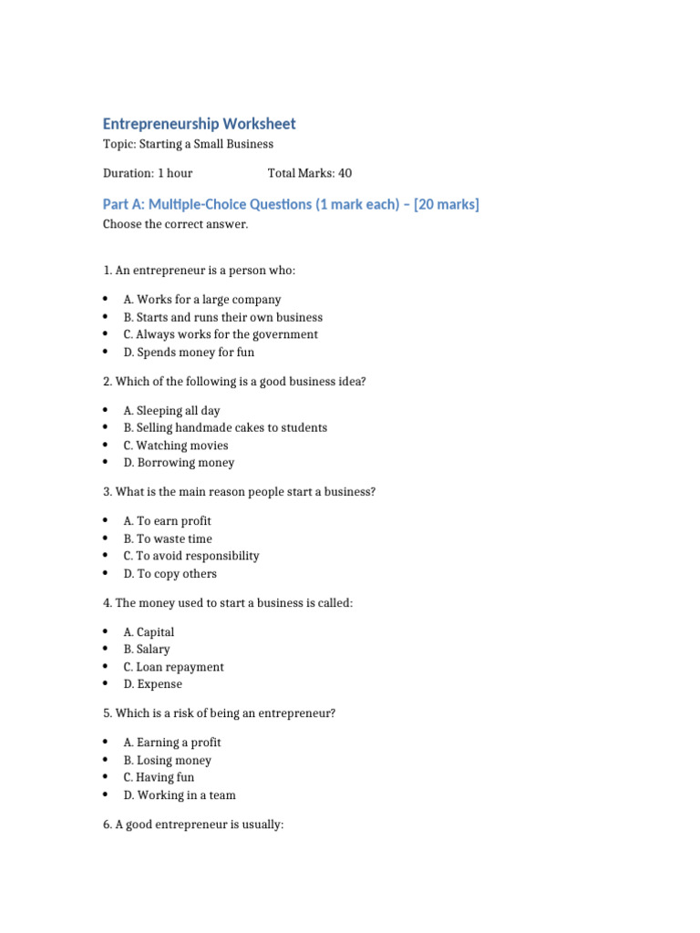 Entrepreneurship Worksheet for Beginners | PDF | Entrepreneurship ...