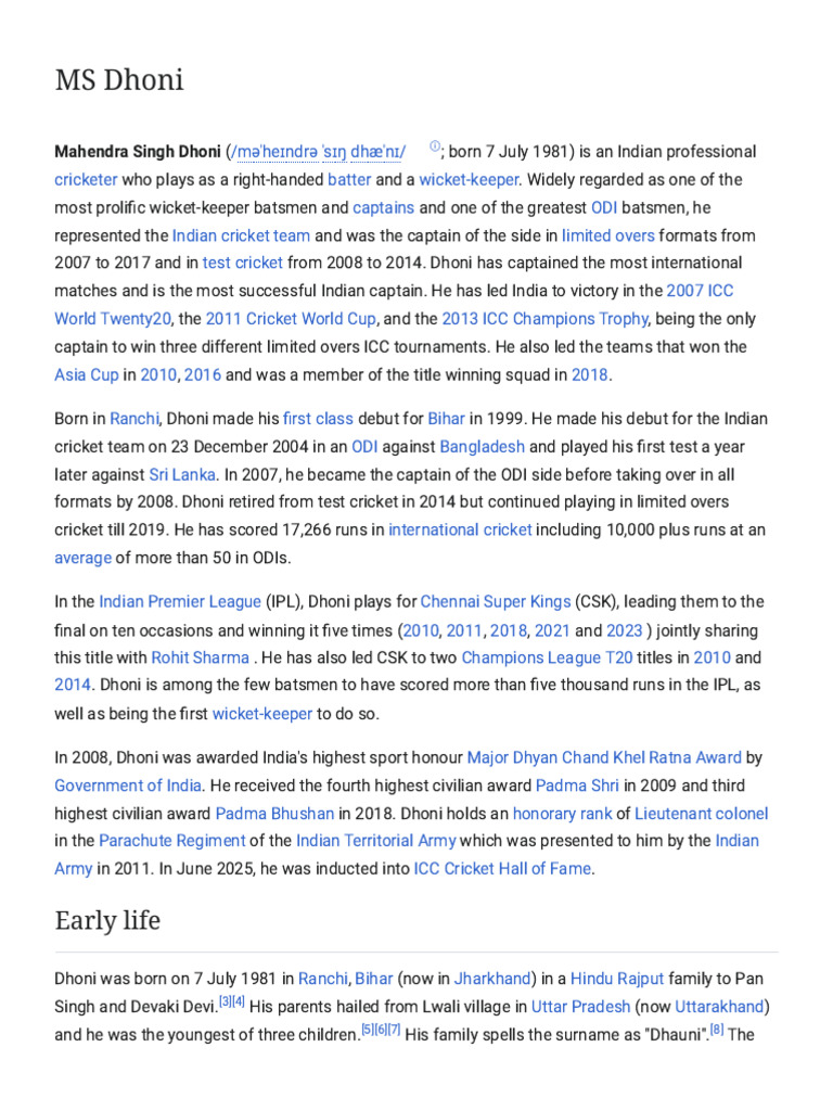 MS Dhoni: Early Life | PDF | Sports | Cricket