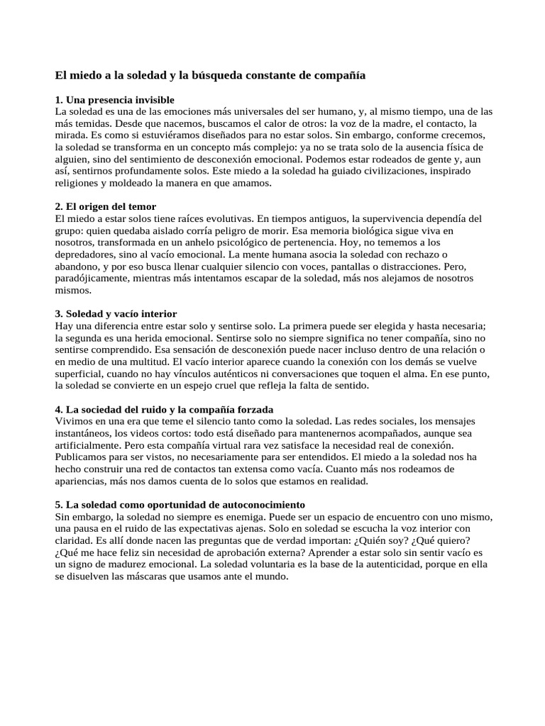 Miedo a la Soledad y Autoconocimiento | PDF | Soledad | Las emociones