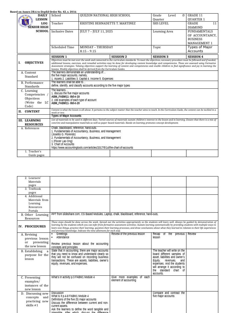 4 q1 Jhs Daily Lesson Log DLL Template Fabm1 | PDF | Expense | Equity (Finance)