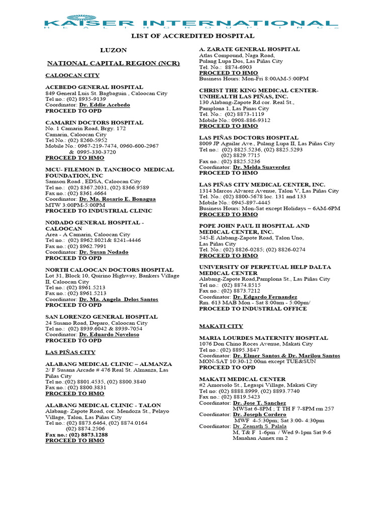 Kaiser Accredited Hospitals List | PDF | Fax | Philippines