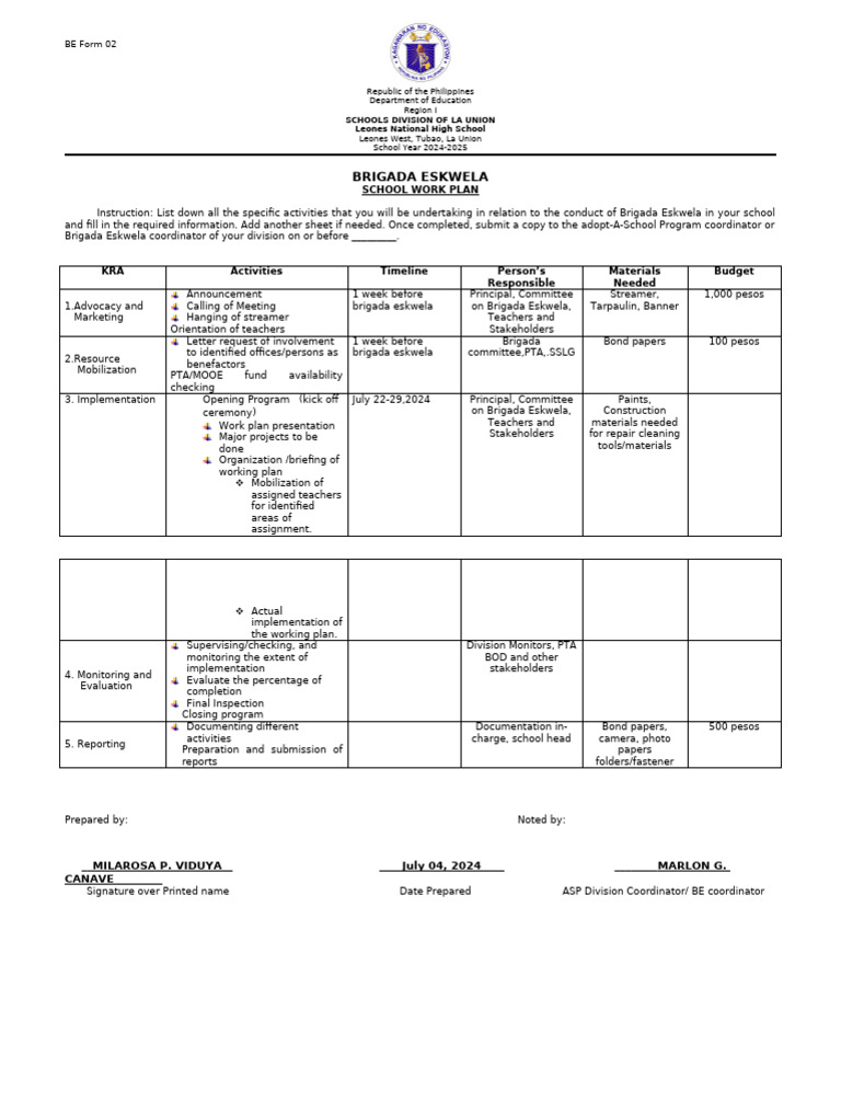 Brigada Eskwela School Work Plan 2024-2025 | PDF