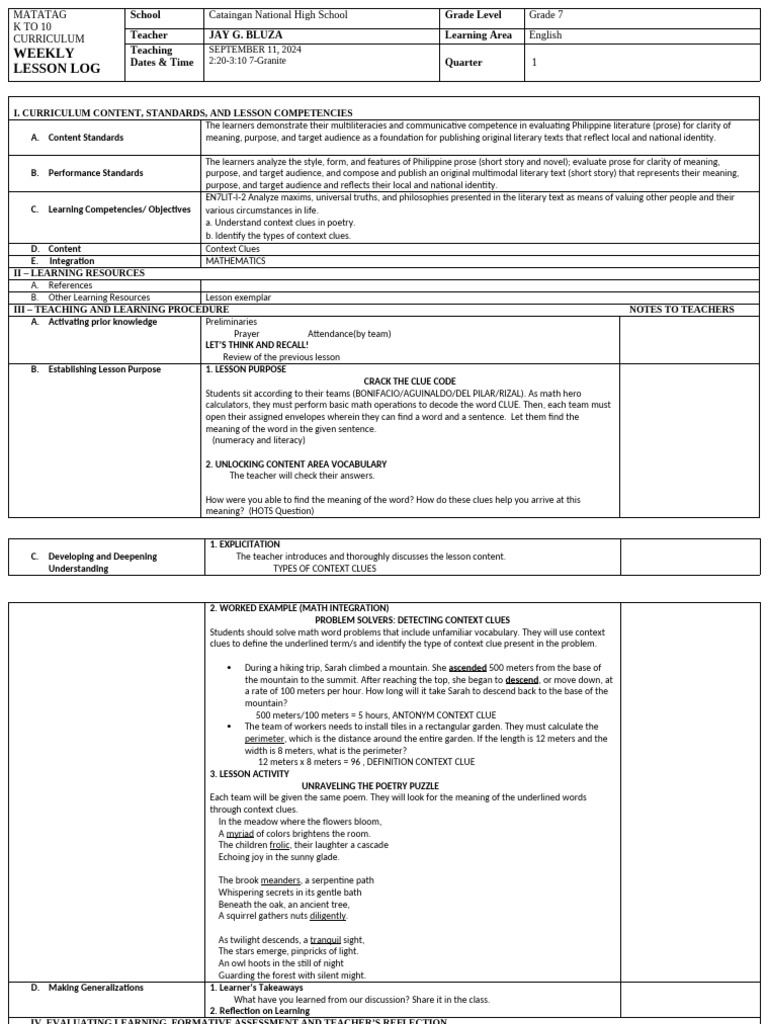 LP Matatag Context Clues | PDF | Curriculum | Learning