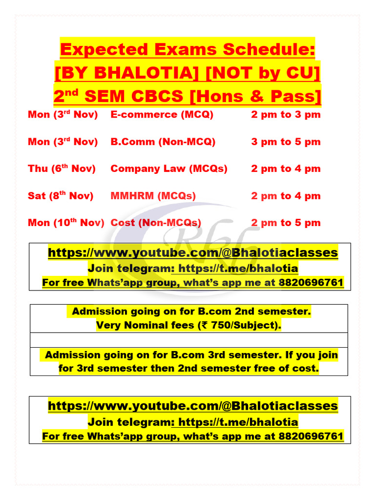B.Com 2nd Semester Exam Schedule | PDF