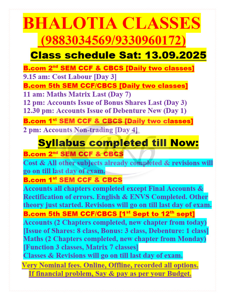 Bhalotia Class Schedule | PDF