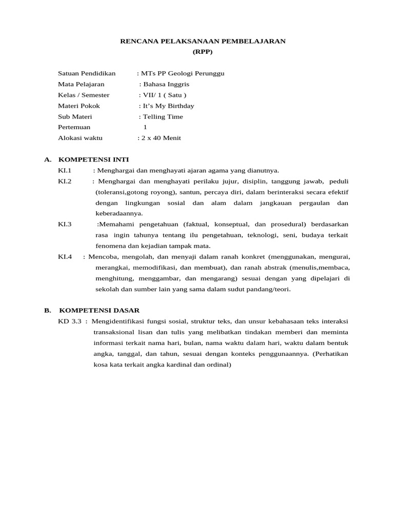 RPP Bahasa Inggris: Telling Time Kelas VII | PDF