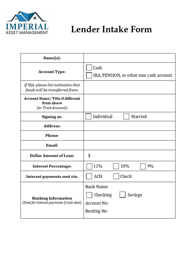 Lender Intake Form (Editable) | PDF