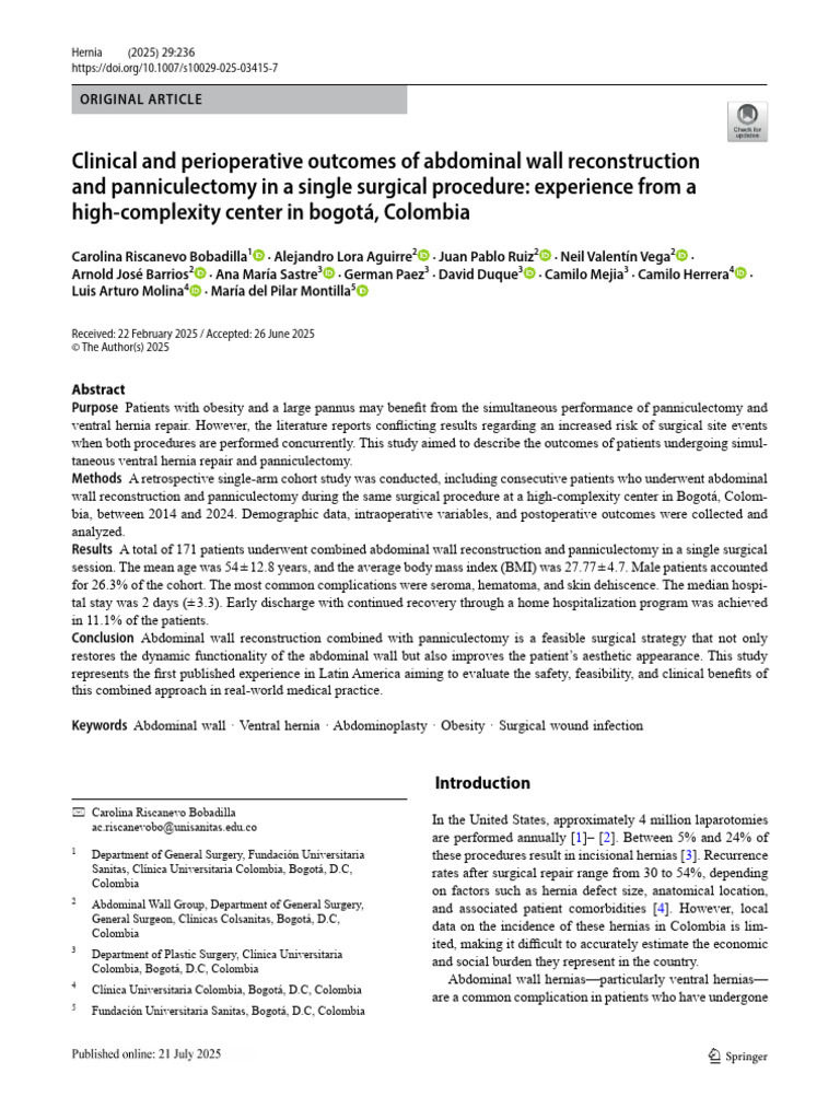 Clinical and Perioperative Outcomes of Abdominal Wall Reconstruction ...