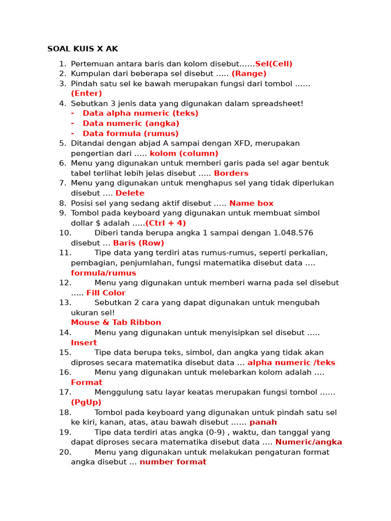 Kuis Dasar Spreadsheet dan Fungsi Sel | PDF