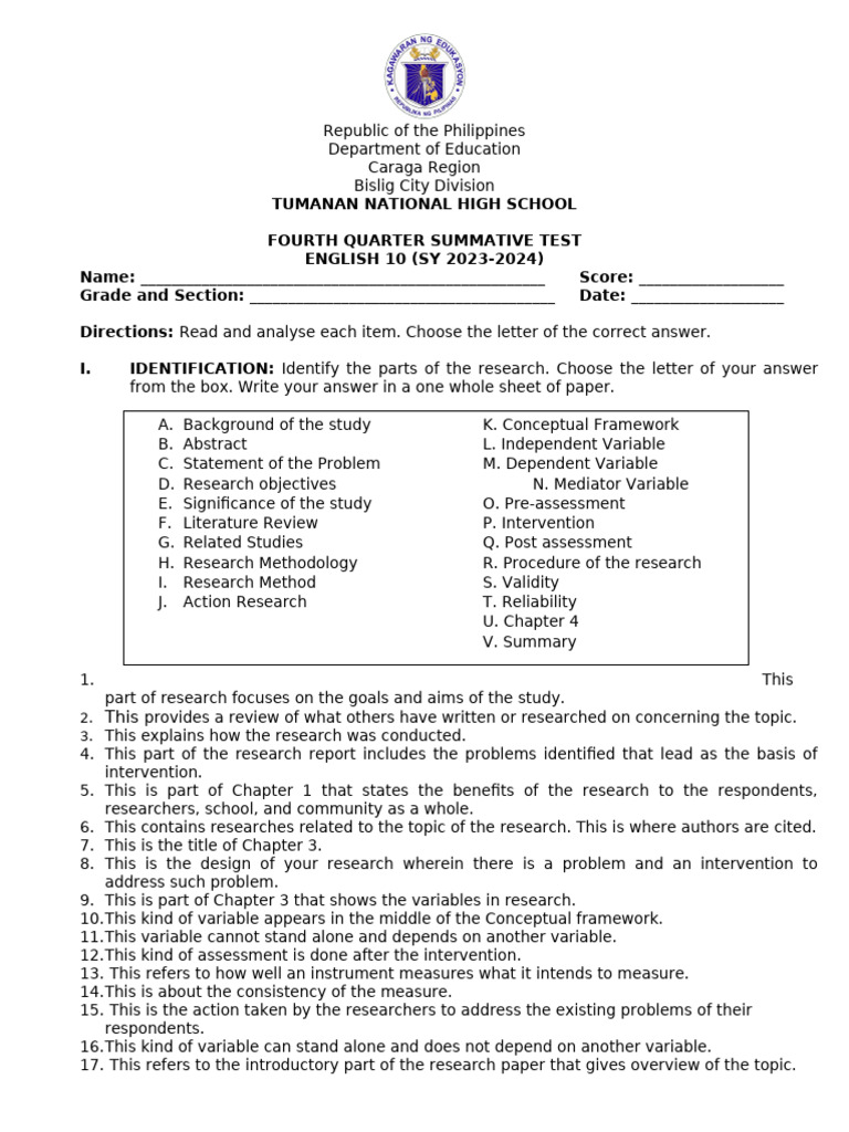 English 10 Summative Test Guide | PDF | Data Analysis | Validity ...