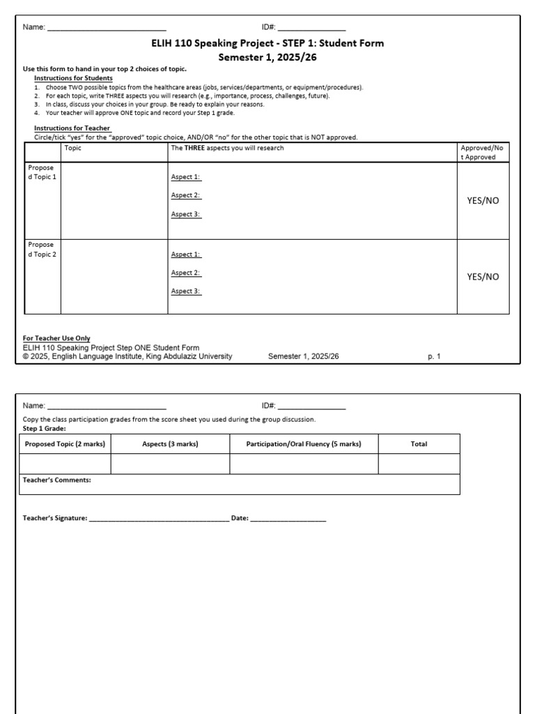 ELIH 110 - Speaking Project - Step ONE - Student Form | PDF | Learning