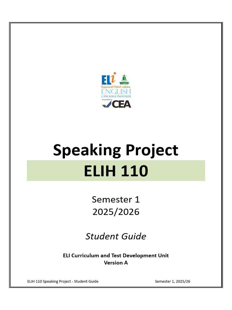 ELIH 110 - Speaking Project - Students Guide - Semester 1 | PDF ...