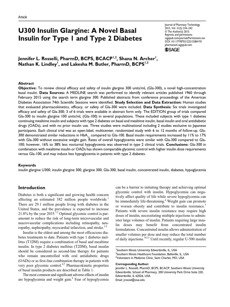 U300 Insulin Glargine: A Novel Basal Insulin For Type 1 and Type 2 ...