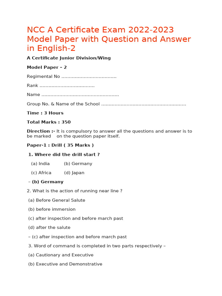 NCC Certificate Exam Model Paper 2023 | PDF | Compass
