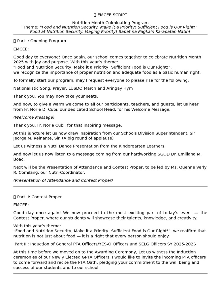Emcee Script - Nutrition Month | PDF