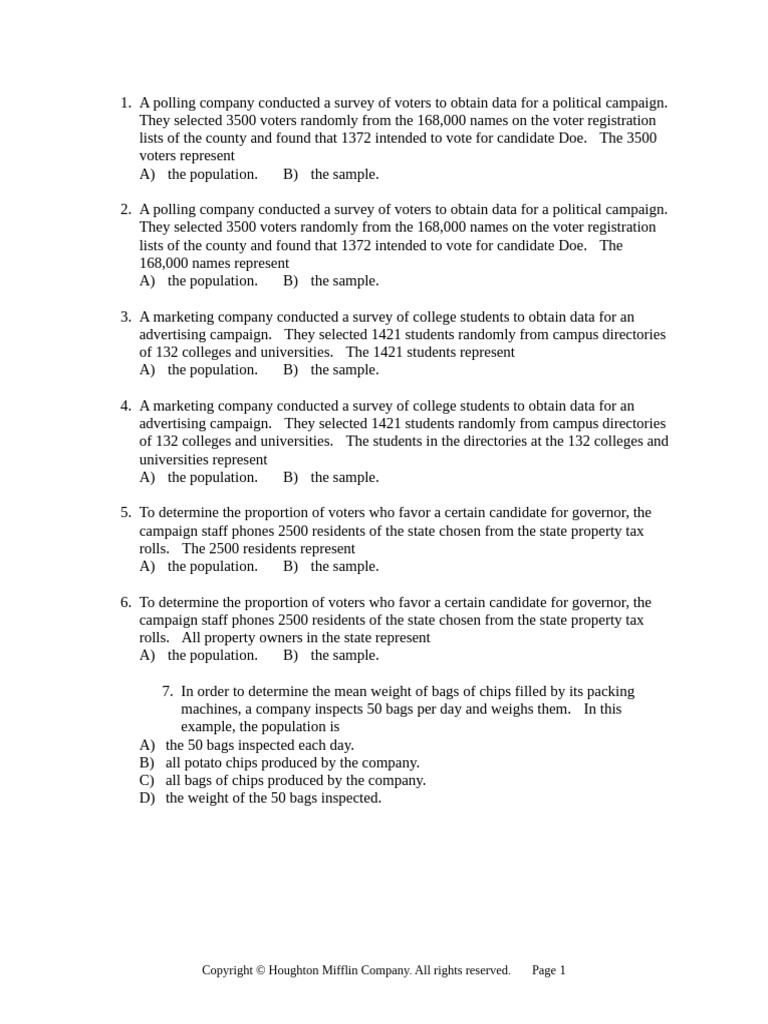 Chapter 7 - Multiple Choice | PDF | Experiment | Sampling (Statistics)