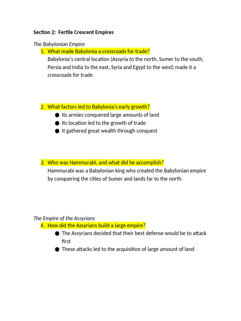 Guiding Questions - Section 2 - Fertile Crescent Empires | PDF ...
