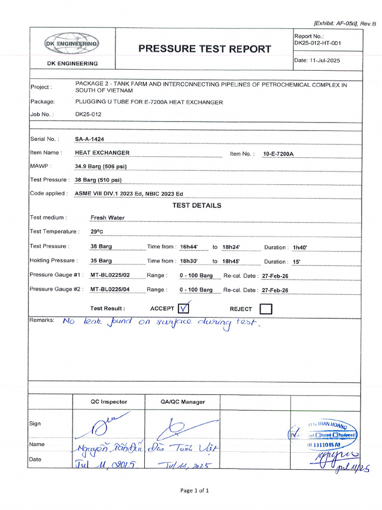 DK25-012 Pressure Test Report | PDF