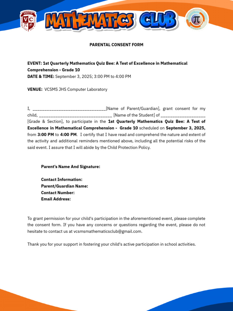 Parental Consent Form G10 1st QTR Quiz Bee | PDF