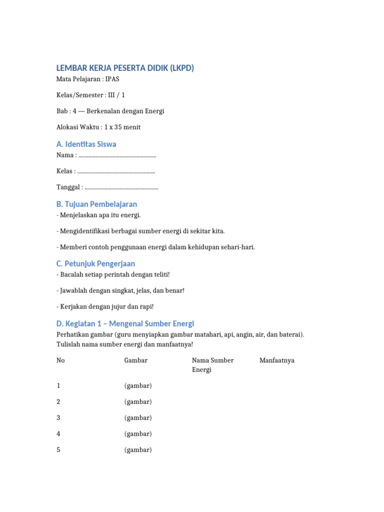 LKPD IPAS Kelas3 Berkenalan Dengan Energi | PDF
