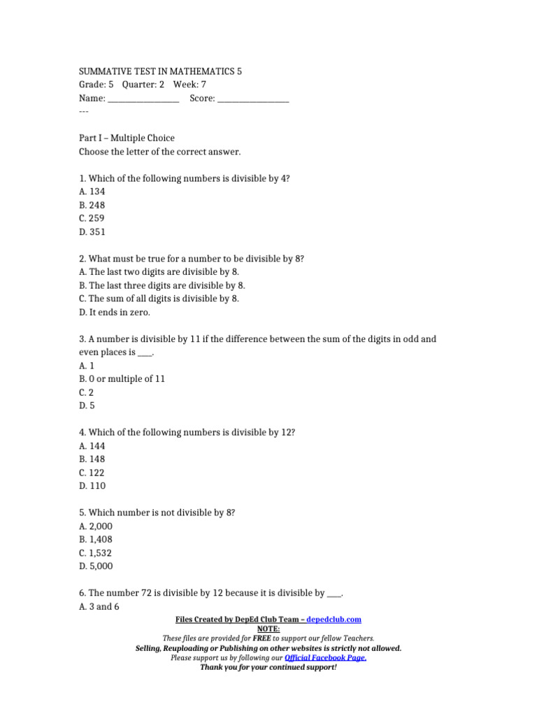 Math 5 Divisibility Test Guide | PDF | Summation | Numbers