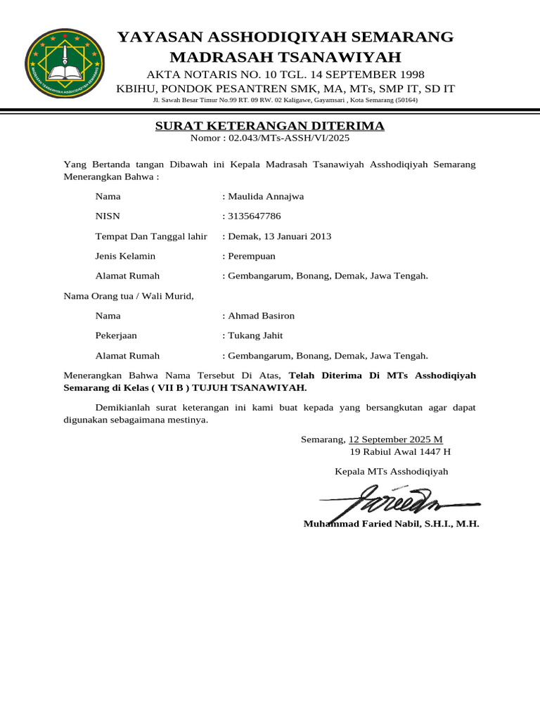 Surat Keterangan Diterima Marwah 2025 | PDF